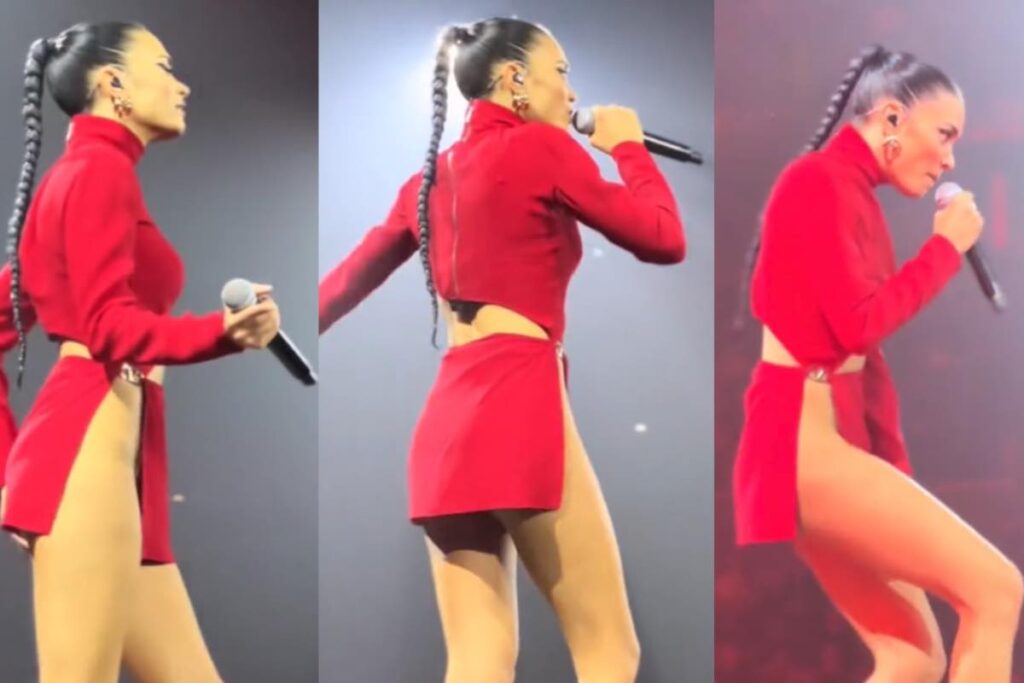 Elodie, lo spacco della minigonna rossa si apre durante il concerto, il video è virale - Cityrumors